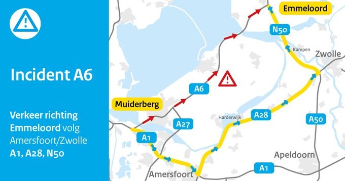 A6 bij Lelystad richting Emmeloord dicht door een ongeluk ...